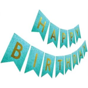 teal glitter gold happy birthday banner sign turquoise aqua decorations for girls men women anniversary birthday party garland backdrop supplies nursery hanging décor