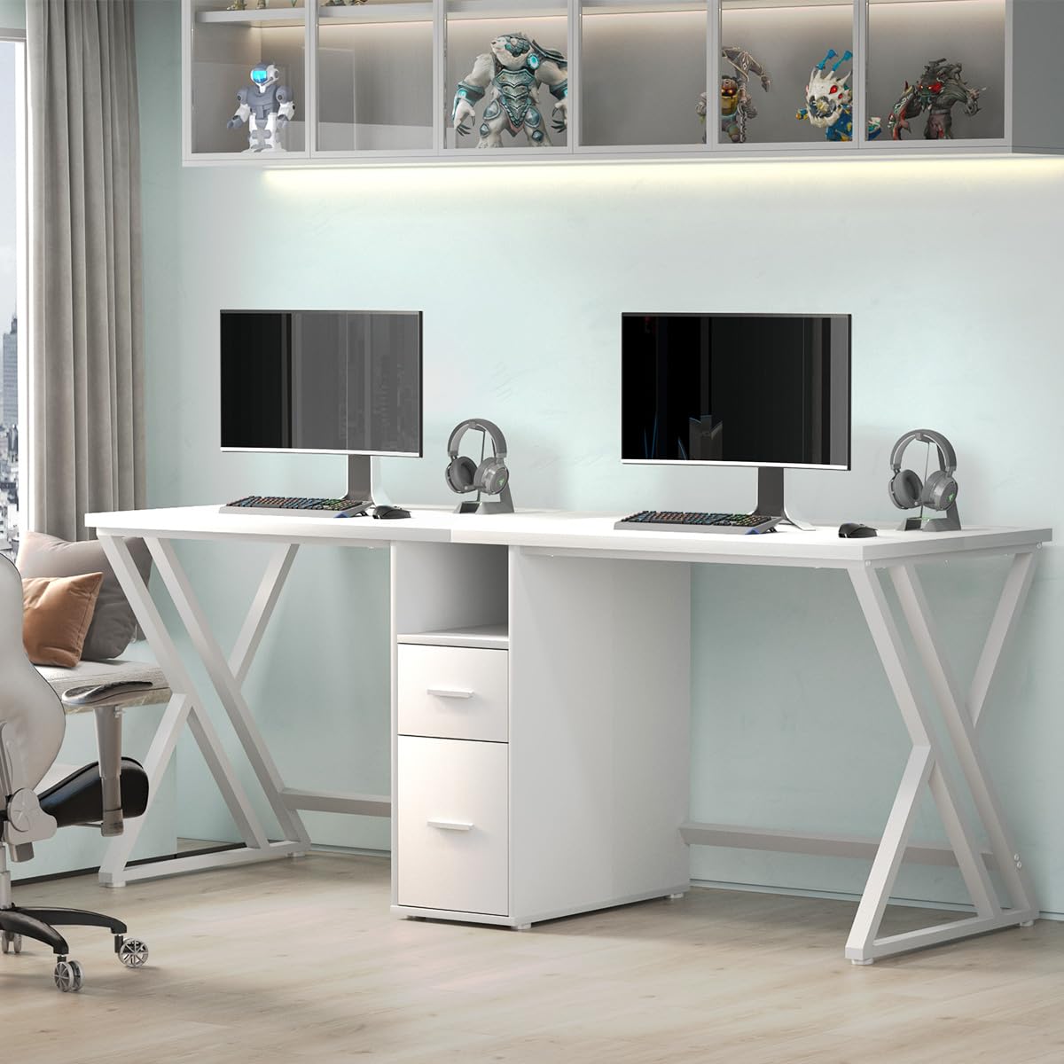 LVB Large 2 Person Desk, Modern White Computer Desk with File Cabinet, Extra Long Workstation Double Desk with Storage Shelf, Industrial PC Writing Study Dual Executive Office Desk with Drawer, 79 in