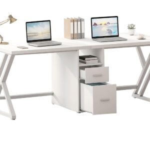 LVB Large 2 Person Desk, Modern White Computer Desk with File Cabinet, Extra Long Workstation Double Desk with Storage Shelf, Industrial PC Writing Study Dual Executive Office Desk with Drawer, 79 in