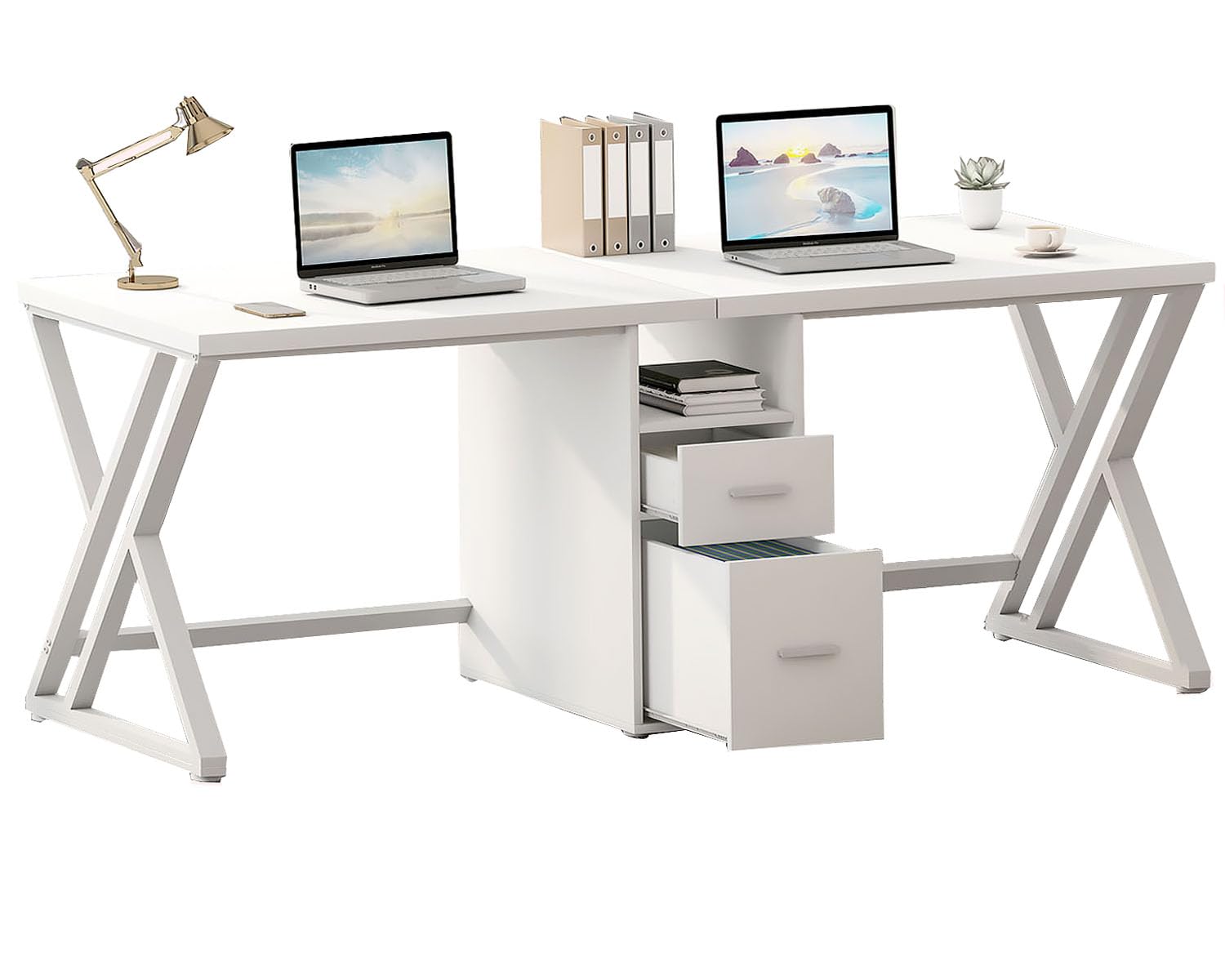 LVB Large 2 Person Desk, Modern White Computer Desk with File Cabinet, Extra Long Workstation Double Desk with Storage Shelf, Industrial PC Writing Study Dual Executive Office Desk with Drawer, 79 in