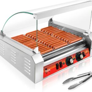 1670W Commercial Hot Dog Rollers,11 Rollers 30 Hotdog Roller Grill,Stainless Steel Hot Dog Machine With Dust Cover,Hot Dog Roller Machine With Dual Temp Control And Led Light/Detachable Drip Tray