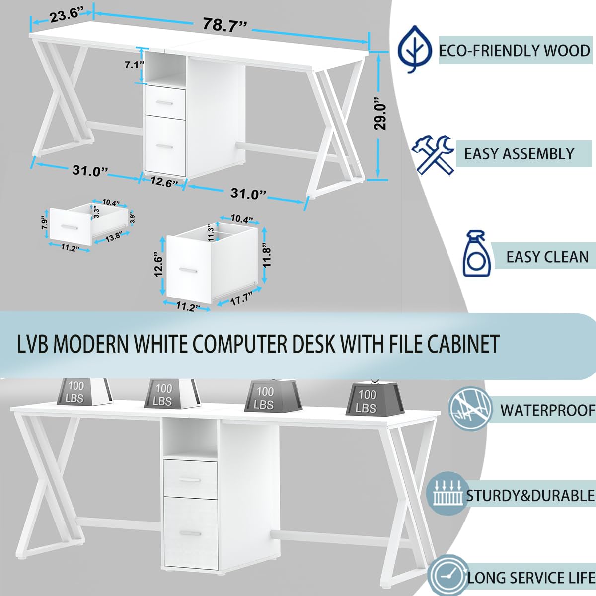 LVB Large 2 Person Desk, Modern White Computer Desk with File Cabinet, Extra Long Workstation Double Desk with Storage Shelf, Industrial PC Writing Study Dual Executive Office Desk with Drawer, 79 in