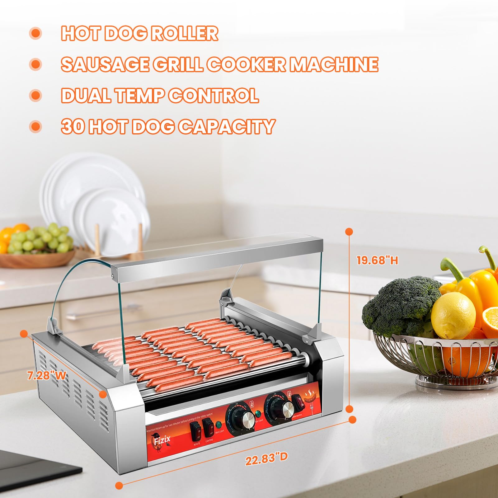 1670W Commercial Hot Dog Rollers,11 Rollers 30 Hotdog Roller Grill,Stainless Steel Hot Dog Machine With Dust Cover,Hot Dog Roller Machine With Dual Temp Control And Led Light/Detachable Drip Tray