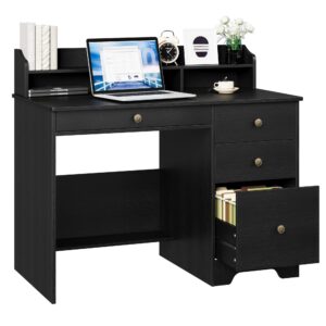 TTVIEW Computer Desk with Drawers and Hutch Shelf, Wood Executive Desk Writing Study Table with 43” Wide Tabletop, Small Desk with File Drawer for Home Office Bedroom, Black