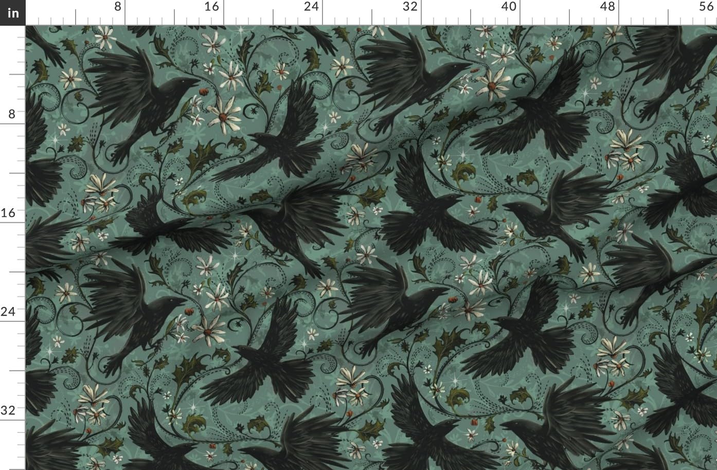 Spoonflower Fabric - Gothic Ravens Autumn Floral Halloween Bohemian Magic Dark Moody Corvid Printed on Denim Fabric by The Yard - Bottomweight Apparel Home Decor Upholstery