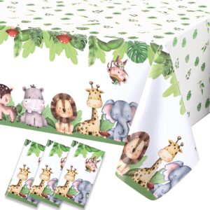 flubare 3pack jungle safari tablecloths wild animals table cover, safari baby shower decorations, 108" x 54" wild one birthday party supplies (sage green)