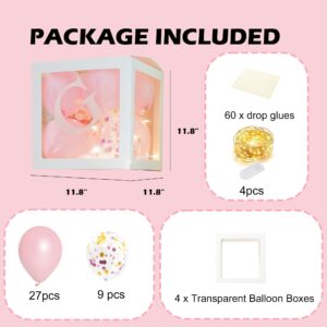 Uptotop Baby Shower Balloon Box Decorations, 4 Pcs Baby Blocks Transparent Balloon Boxes with A-E Letters, Fairy String Lights and 36 Pcs Latex Balloons for Decor, Pink