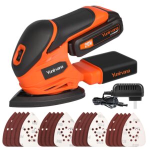 yunirvana 20v cordless sander, detail sanders, 20pcs sandpapers,12000 rpm sanders with dust collection system for tight spaces sanding in home decoration, battery and charger included