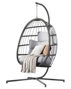 hwb hanging egg chair with stand, patio wicker hammock egg swing chair with cushion for bedroom garden indoor outdoor (grey)