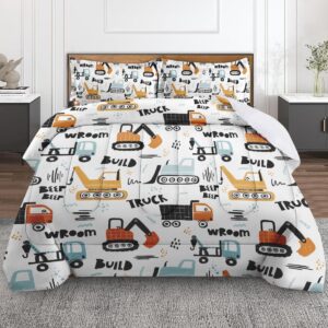 nesphy boys construction comforter set for kids teens queen, hand drawn car excavator truck bedding sets water washed microfiber bedding with 1 comforter 2 pillowcases all season