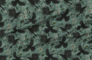 spoonflower fabric - gothic ravens autumn floral halloween bohemian magic dark moody corvid printed on denim fabric by the yard - bottomweight apparel home decor upholstery