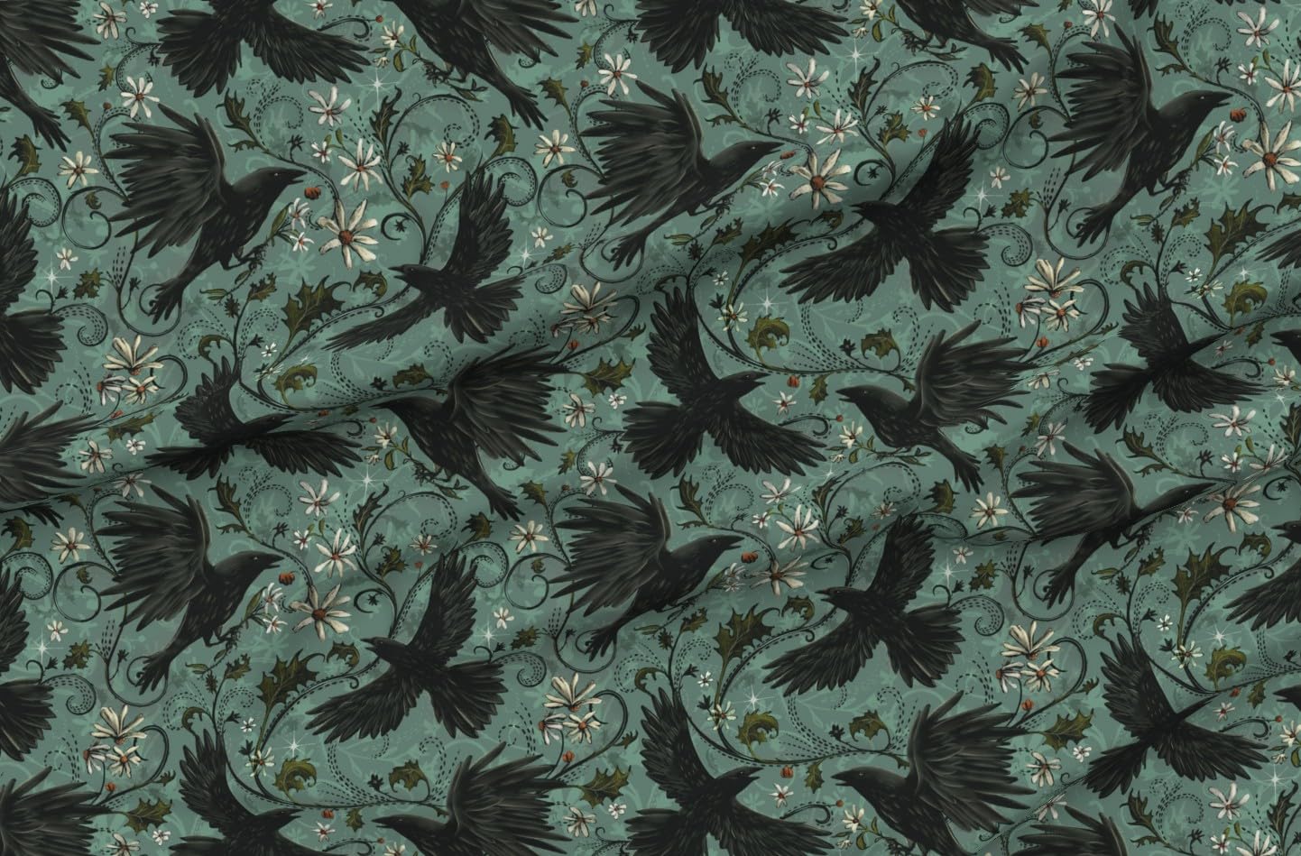 Spoonflower Fabric - Gothic Ravens Autumn Floral Halloween Bohemian Magic Dark Moody Corvid Printed on Denim Fabric by The Yard - Bottomweight Apparel Home Decor Upholstery