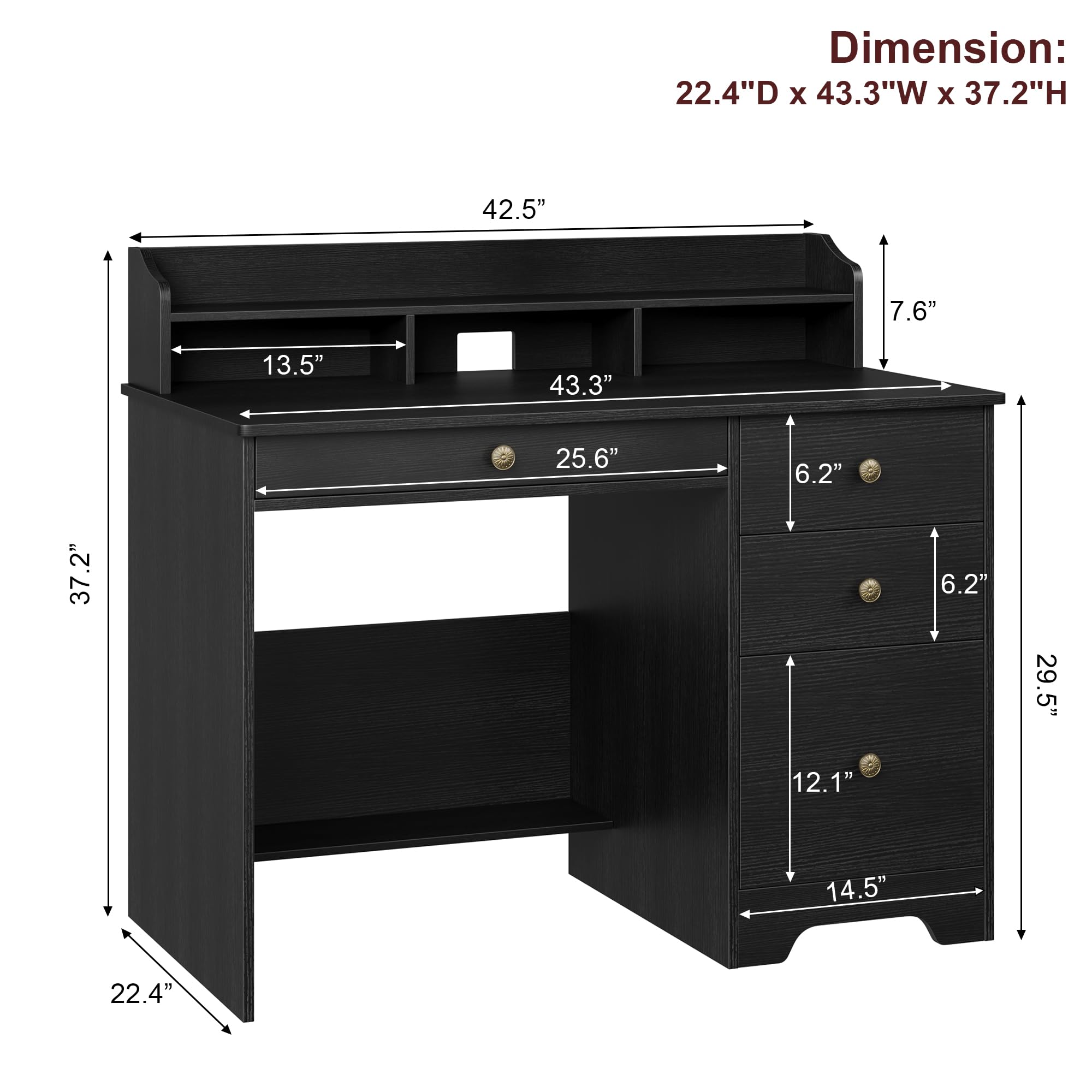 TTVIEW Computer Desk with Drawers and Hutch Shelf, Wood Executive Desk Writing Study Table with 43” Wide Tabletop, Small Desk with File Drawer for Home Office Bedroom, Black