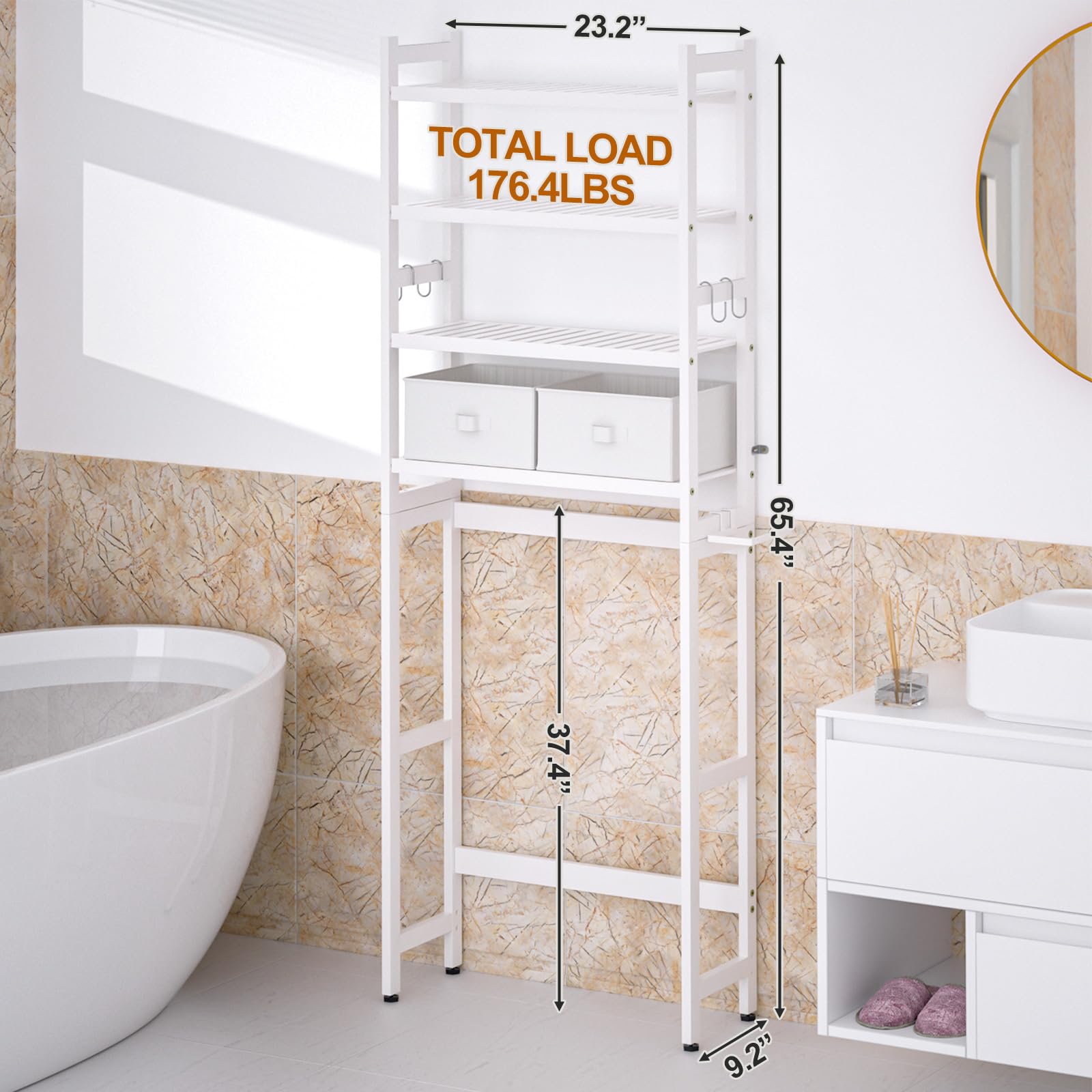 Cozivolife Over The Toilet Storage with 2 Baskets,4-Tier Bamboo Over Toilet Organizer Rack with Paper Holder & 4 Hooks & Waterproof Feet Pad,Freestanding Above Toilet Shelf for Bathroom(White)