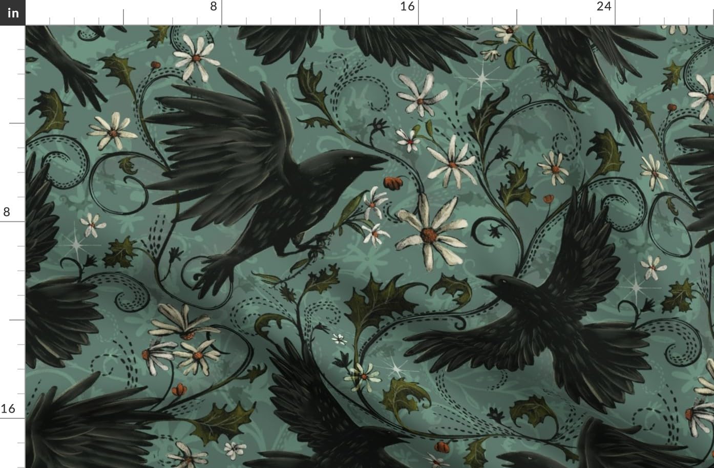 Spoonflower Fabric - Gothic Ravens Autumn Floral Halloween Bohemian Magic Dark Moody Corvid Printed on Denim Fabric by The Yard - Bottomweight Apparel Home Decor Upholstery