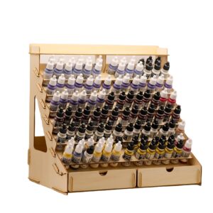 craft paint storage-modular paint organizer - holds 105 bottles of vallejo paints, 14 brushes, 2 cabinets, and miniature stands - art tool storage rack for miniature paint set