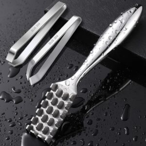 succfly fish scaler set, premium fish descaler tool, stainless steel fish scale remover with serrated sawtooth ergonomic handle for kitchen, seafood markets (fish scaler + 2 pack fish bone tweezers)