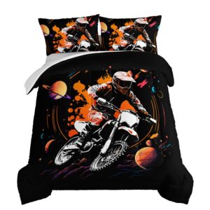 hosima dirt bike bedding set twin size for boys teens,galaxy and orange ink background motocross comforter 3 pieces,extreme sports theme black comforter set twin with 2 pillowcases.