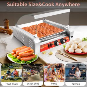 1670W Commercial Hot Dog Rollers,11 Rollers 30 Hotdog Roller Grill,Stainless Steel Hot Dog Machine With Dust Cover,Hot Dog Roller Machine With Dual Temp Control And Led Light/Detachable Drip Tray