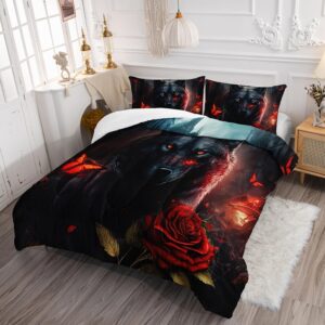 AILONEN Wolf Comforter Set Twin Size, 3D Smoke City Cool Wolf Bedding Set,Romantic Red Rose Comforter Set Twin Boys Girls Bed in a Bag Room Decor,1 Quilt and 2 Pillowcases