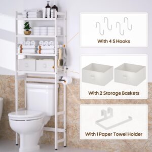 Cozivolife Over The Toilet Storage with 2 Baskets,4-Tier Bamboo Over Toilet Organizer Rack with Paper Holder & 4 Hooks & Waterproof Feet Pad,Freestanding Above Toilet Shelf for Bathroom(White)