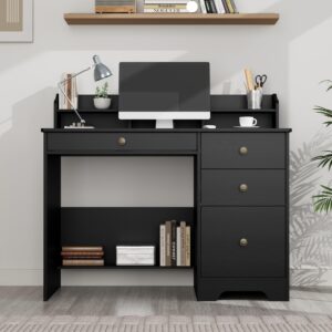 TTVIEW Computer Desk with Drawers and Hutch Shelf, Wood Executive Desk Writing Study Table with 43” Wide Tabletop, Small Desk with File Drawer for Home Office Bedroom, Black