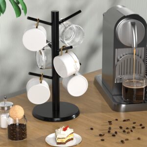 wisuce bamboo coffee mug holder tree, thicker base coffee cup holder stand for counter, mug rack with 6 hooks (black)