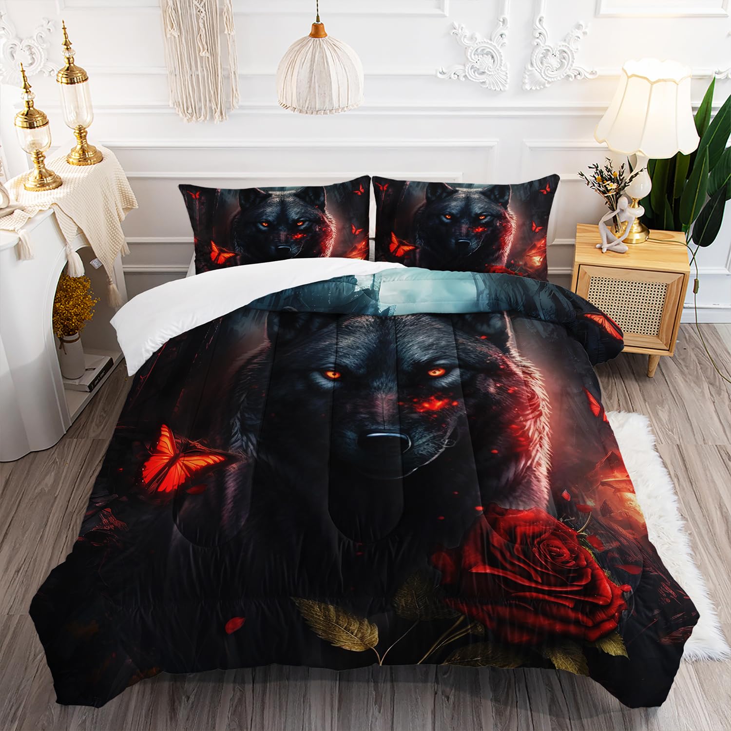 AILONEN Wolf Comforter Set Twin Size, 3D Smoke City Cool Wolf Bedding Set,Romantic Red Rose Comforter Set Twin Boys Girls Bed in a Bag Room Decor,1 Quilt and 2 Pillowcases