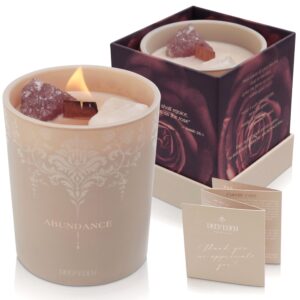 luxury crystal candle for women - velvet rose & patchouli scented aromatherapy candle - manifestation candle with strawberry and clear quartz crystals -7.4oz natural coconut, soy wax wood wick candles