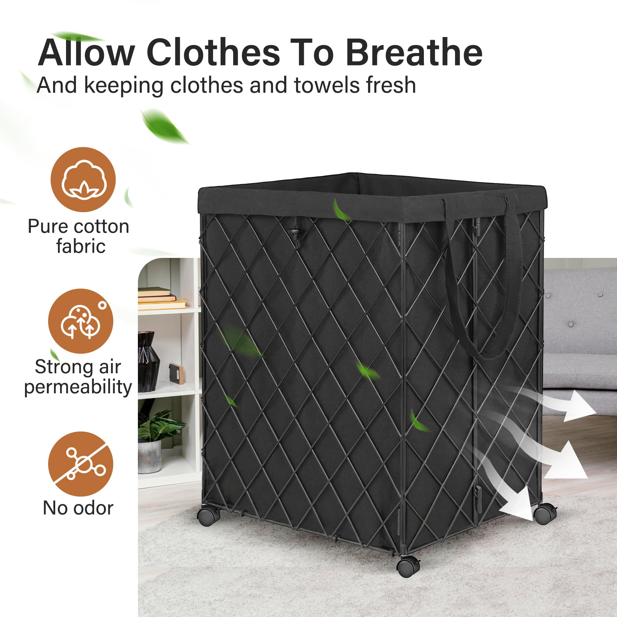 2 Pack Laundry Hamper on Wheels-92L Basket Large Laundry Collapsible With Removable Liner,Rolling Metal Wire Basket-Sturdy Laundry Bag for Dirty Clothes Organization Closet Bathroom Living Room