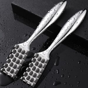 succfly fish scaler tool 2 pack, premium fish descaler stainless steel integrated casting, heavy duty fish scaler remover no mess with wedge-shaped sawtooth ergonomic handle, easily remove fish scales