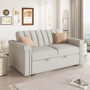 merax 61.4" loveseat sofa couch with pull out bed, 3 in 1 convertible velvet sleeper sofa bed with adjustable backrest for apartment, office, living room (beige)