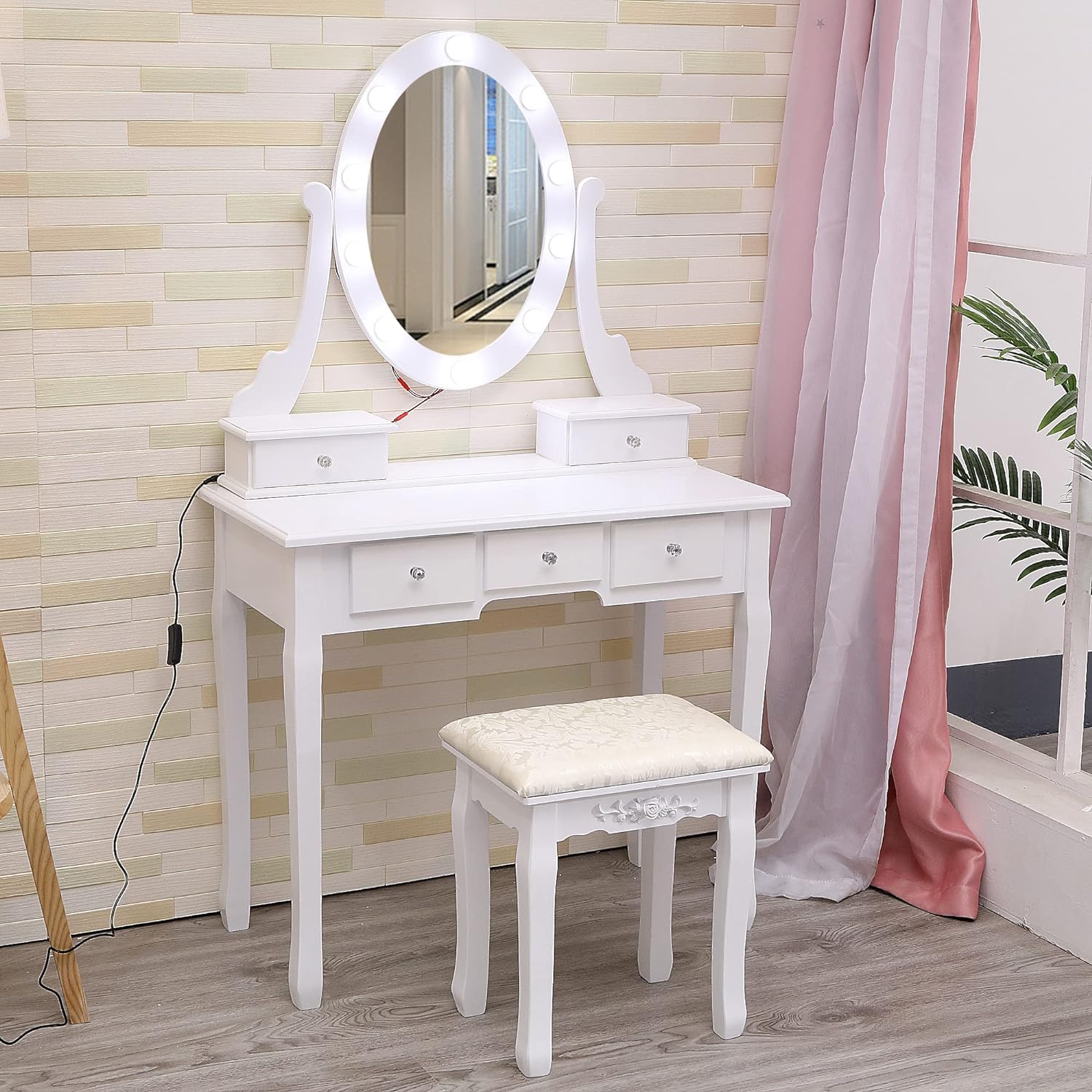 JoanKaren Vanity Desk, Vanity Mirror with Lights and Table Set with 5 Drawers, Wood Makeup Dressing Table with Oval Mirror & Stool,3 Lighting Modes Brightness Adjustable for Bedroom Women Girls,White