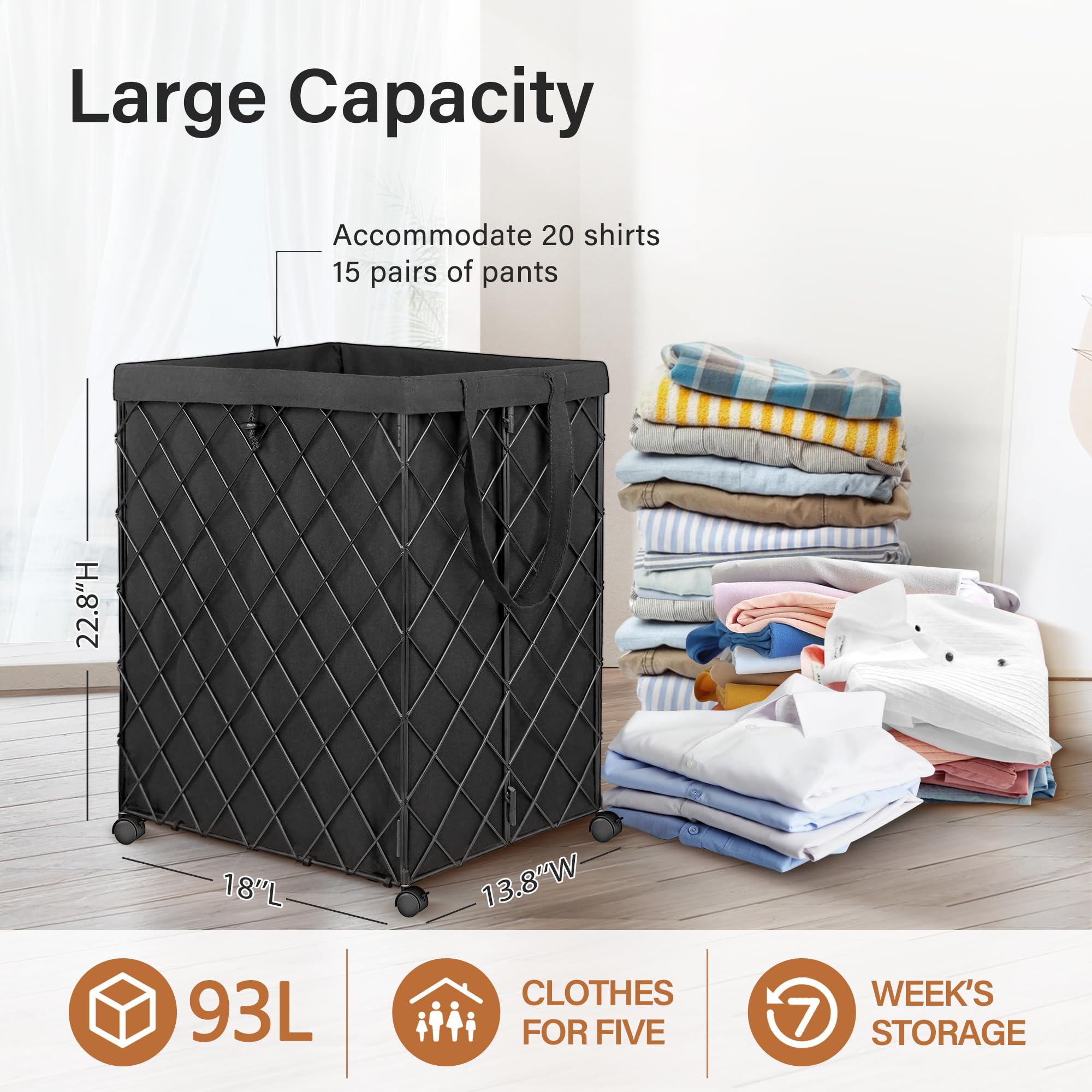 2 Pack Laundry Hamper on Wheels-92L Basket Large Laundry Collapsible With Removable Liner,Rolling Metal Wire Basket-Sturdy Laundry Bag for Dirty Clothes Organization Closet Bathroom Living Room