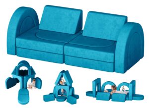 kids couch, 12pcs modular toddler couch with 4 arches and 2 triangular cushions, fold out kids couch for playroom, bedroom, modular kids couch for boys and girls, kids play couch for kids (blue)