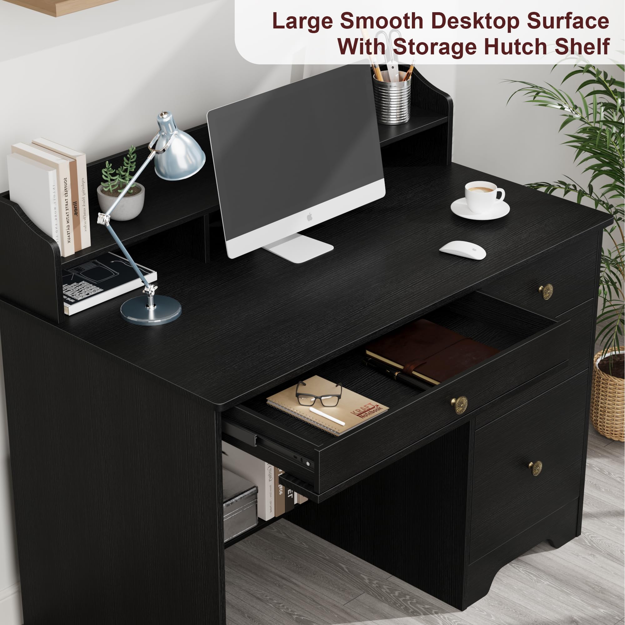 TTVIEW Computer Desk with Drawers and Hutch Shelf, Wood Executive Desk Writing Study Table with 43” Wide Tabletop, Small Desk with File Drawer for Home Office Bedroom, Black