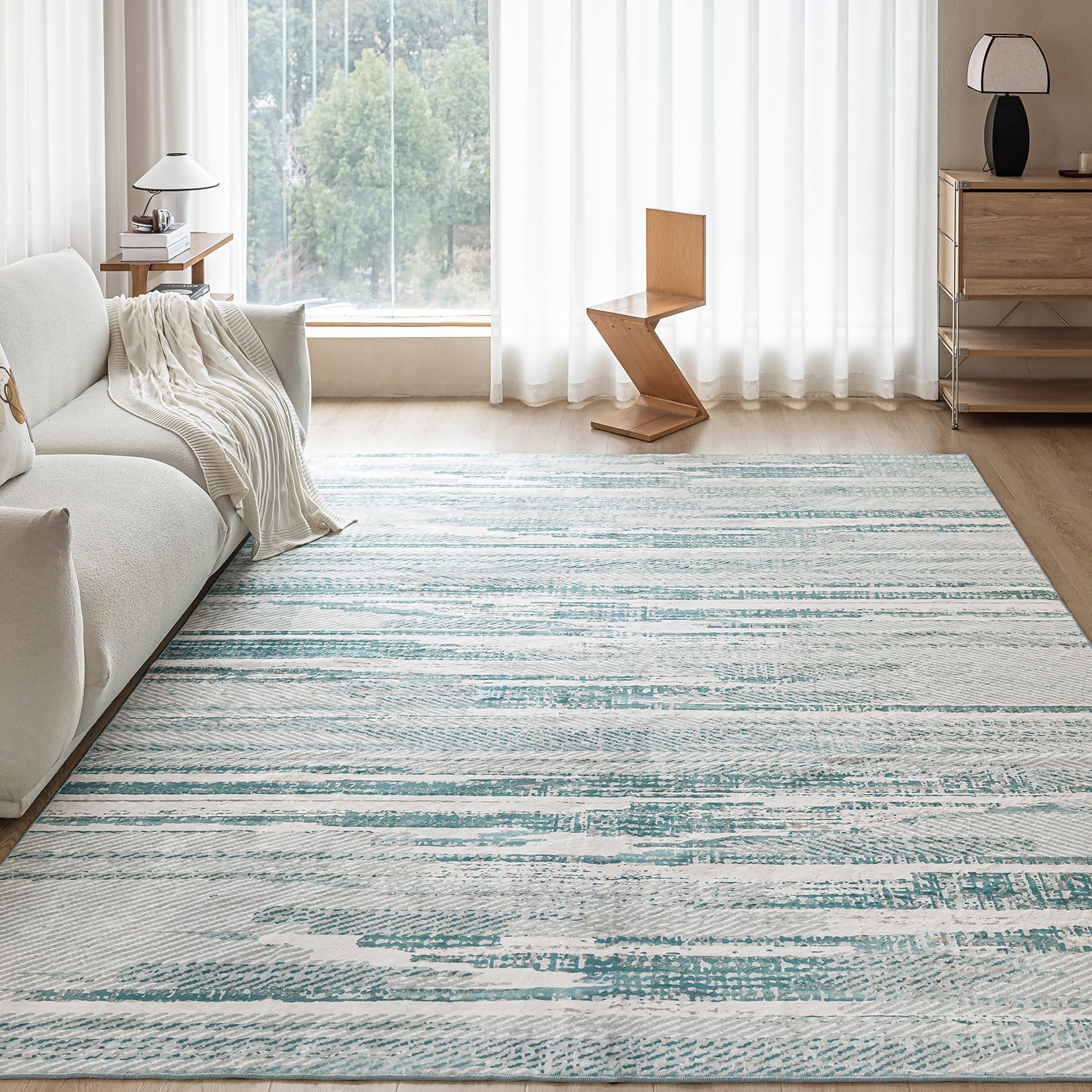 OMERAI Rug 5x7 Area Rug for Bedroom Washable Rug for Living Room Kitchen Dining Room Rugs Non-Slip Home Decor Carpet Faux Wool Rug Large Modern Art Ultra Soft Area Rug, Teal Green Vigorous