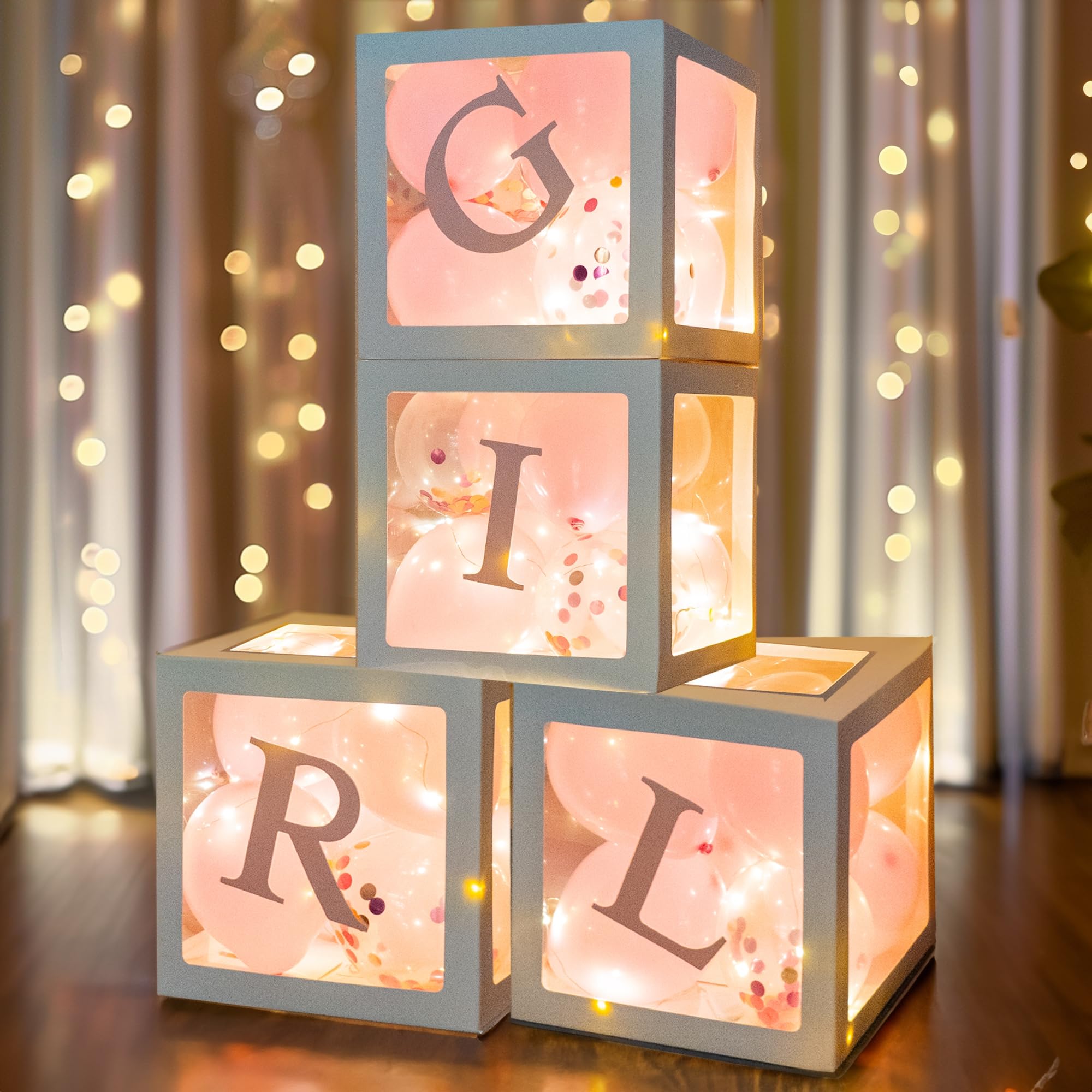 Uptotop Baby Shower Balloon Box Decorations, 4 Pcs Baby Blocks Transparent Balloon Boxes with A-E Letters, Fairy String Lights and 36 Pcs Latex Balloons for Decor, Pink