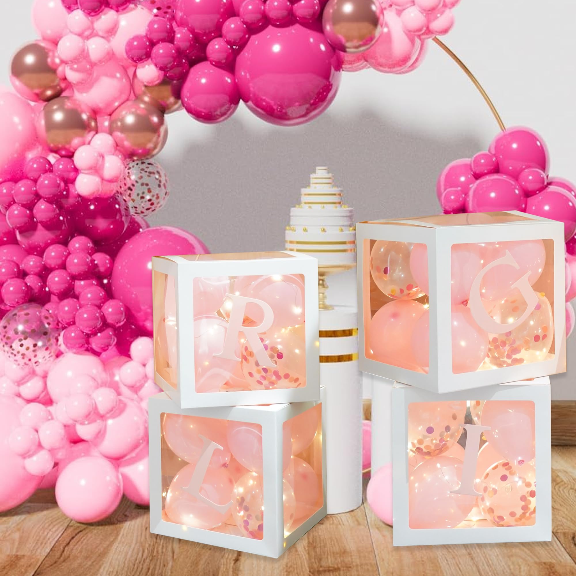 Uptotop Baby Shower Balloon Box Decorations, 4 Pcs Baby Blocks Transparent Balloon Boxes with A-E Letters, Fairy String Lights and 36 Pcs Latex Balloons for Decor, Pink