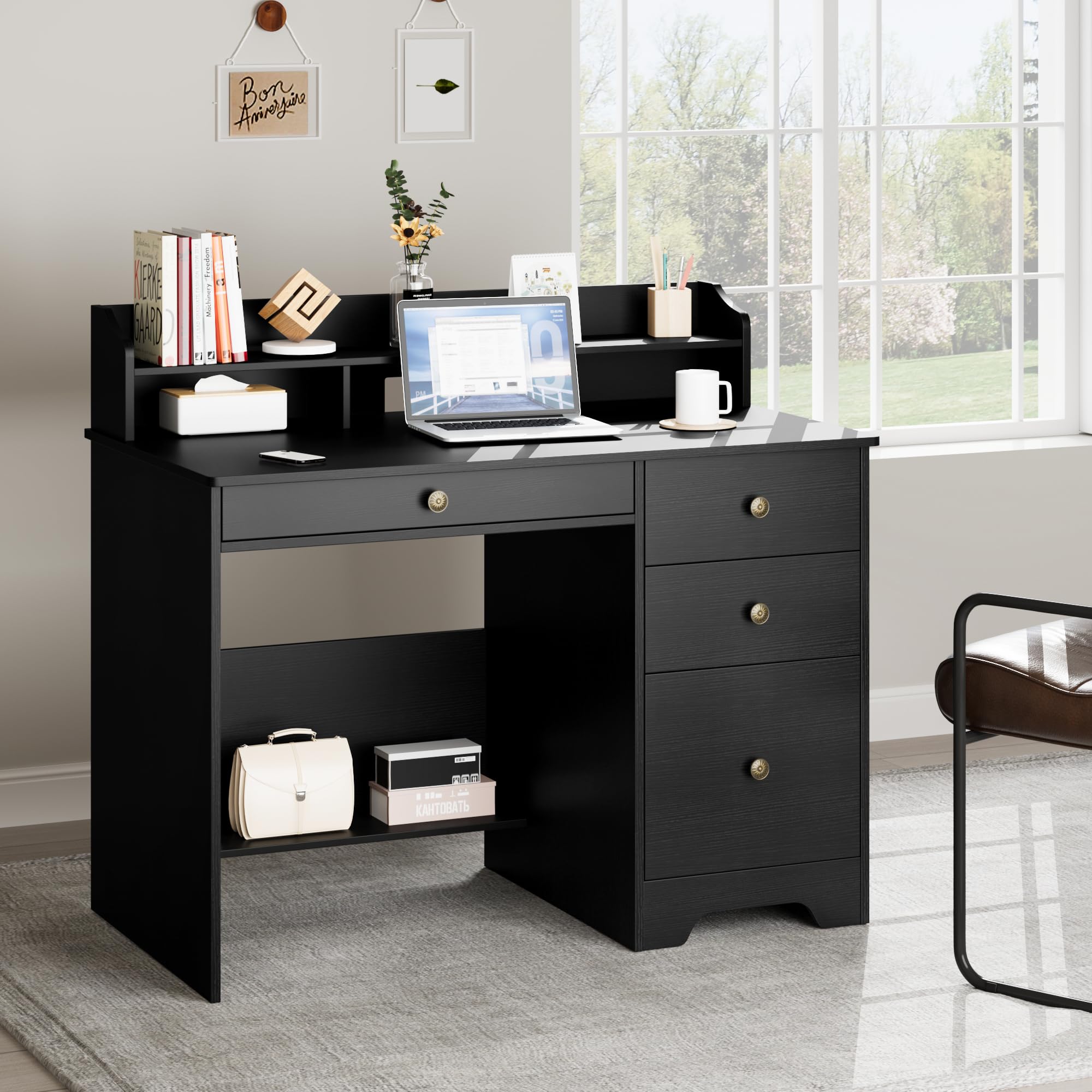 TTVIEW Computer Desk with Drawers and Hutch Shelf, Wood Executive Desk Writing Study Table with 43” Wide Tabletop, Small Desk with File Drawer for Home Office Bedroom, Black