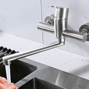 kitchen sink faucet for bar farmhouse commercial, wall mounted hot cold kitchen faucet, 2 hole stainless steel brushed bath tub faucet with long pipe (silver)