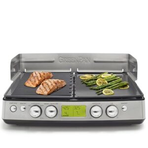 greenpan elite xl smoke-less grill and griddle, healthy ceramic nonstick interchangeable/removeable cast aluminum plates, indoor bbq sear sizzle, lcd display, splash guard, drip tray, pfas-free, black