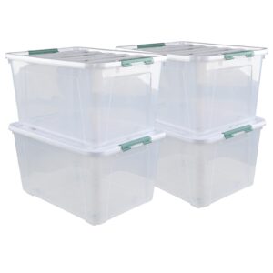 qskely 80 l large clear view plastic storage bin with lid and secure latching buckles, 4-pack wheeled clear storage boxes