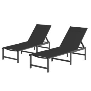 woajnqo chaise lounge chair outdoor,aluminum patio lounge chairs set of 2, adjustable 5-position recliner and full flat tanning chair with pillow for pool, outside,beach,black