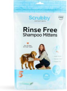 scrubby pet no rinse pet wipes, rinse free shampoo mittens for dogs and cats, bath wipes for bathing and washing pets, hypoallergenic no rinse wash mitt for grooming, lather wipe dry - 5 pack