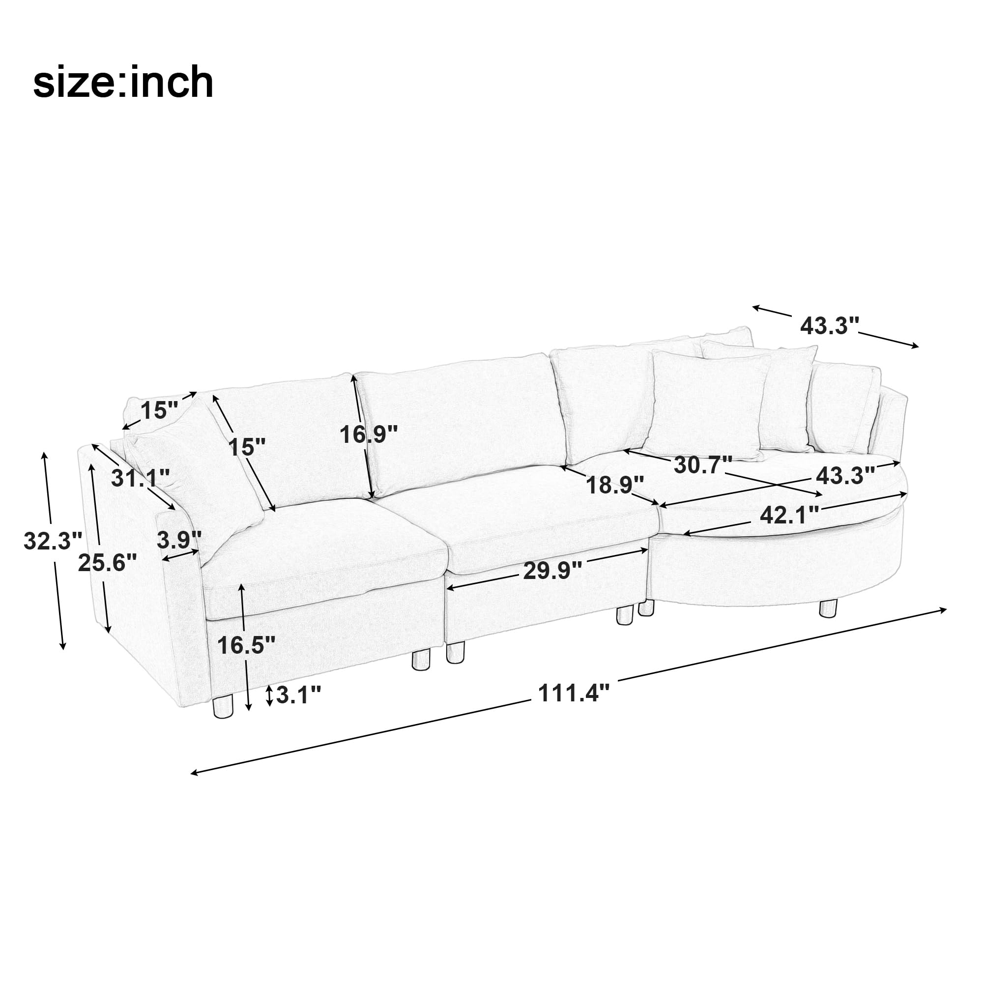 HanStrong Curved Sofa, 111.4" 3 Seat Sectional Sofa Modern Upholstered Couch with Three Pillows for Living Room, Study Room, Apartment, Beige