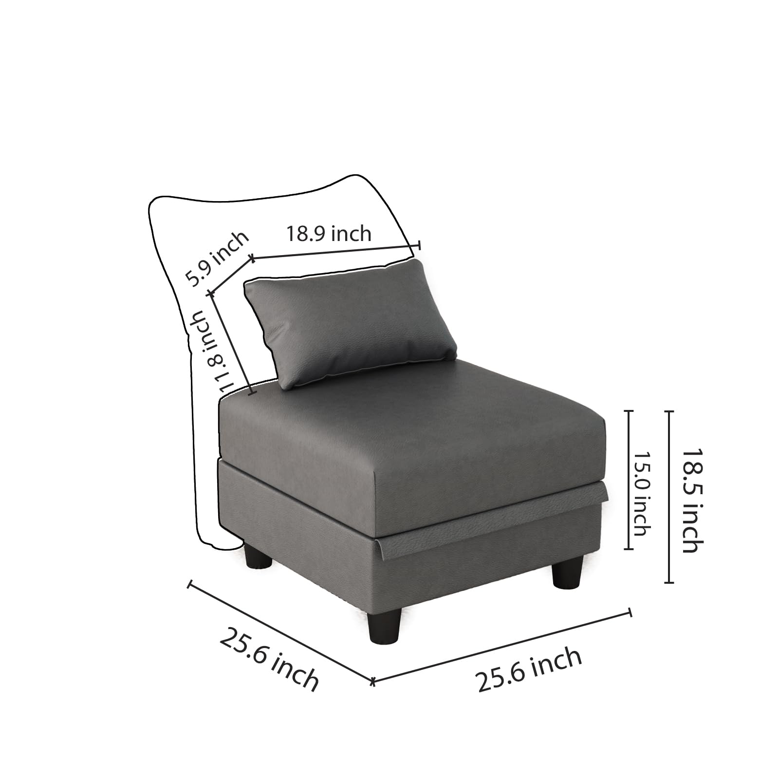 LLappuil Modular Sectional Storage Couch Ottoman Seats，Waterproof Faux Leather Sofa Chair Modules, Dark Grey