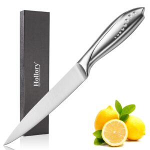 hollory 5 inch kitchen utility knife, german high carbon stainless steel blade and full tang handle, fruit and vegetable cutting chopping carving knives-silver