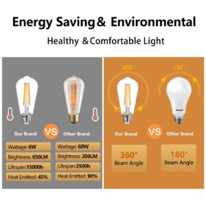 BORT ST58/ST19 Vintage LED Edison Bulbs, Warm White 2700K, Dimmable 6W Edison Light Bulbs, 60W Equivalent, 700LM, E26 Standard Base Filament LED Bulb, Clear Plastic - 12Pack