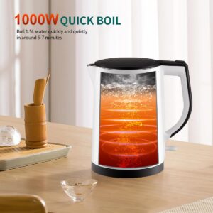 Hot Water Kettle Electric, 1.5 Liter 1000W Instant Kettle for Fast Boil Hot Water with Stainless Steel Double Wall White Electric Water Kettle